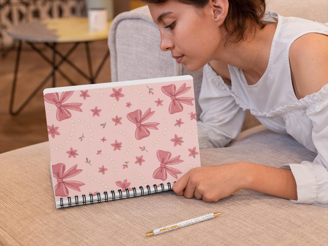 Blush Pink Spiral Notebook - Ruled Line, Pretty Bow and Pearl Pattern ...