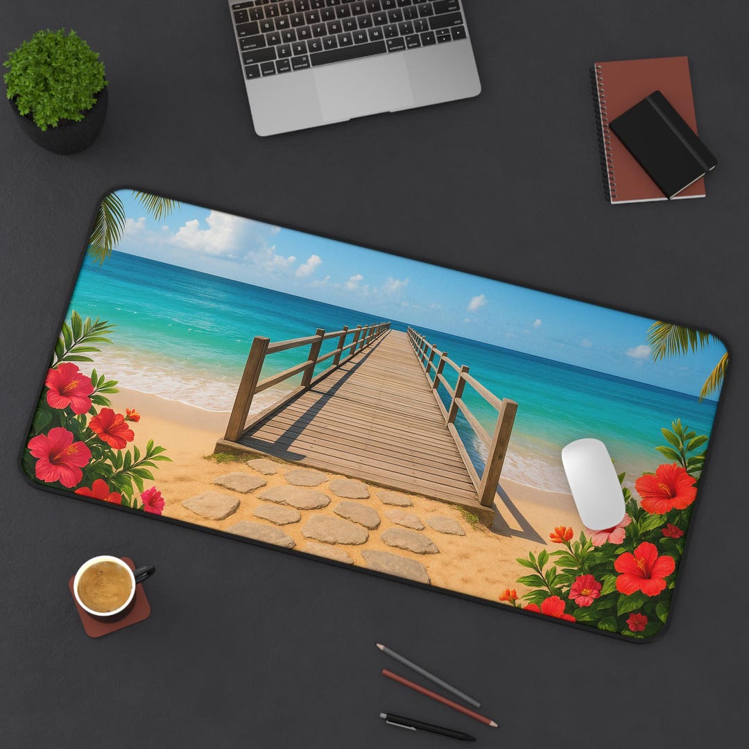 Tropical Boardwalk Desk Mat, Ocean View With Hibiscus Flowers, Beach ...