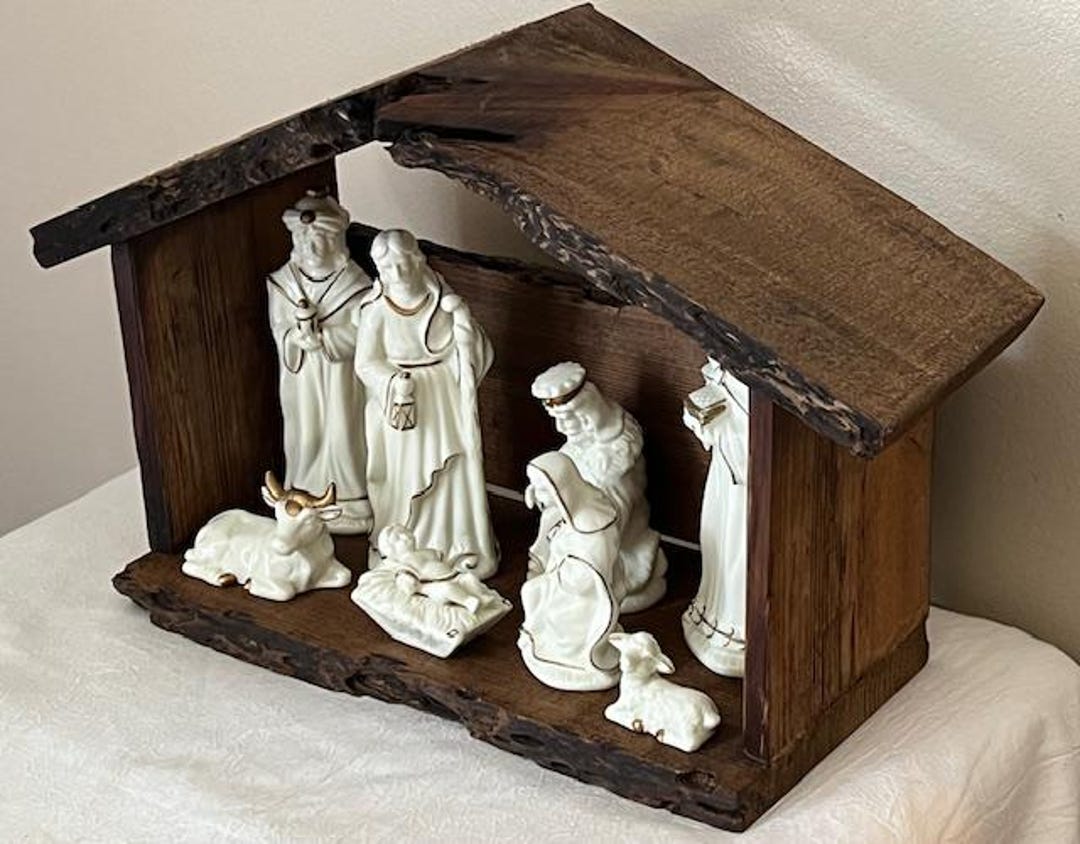 Rustic Wood Nativity Manger, Unique Handmade Wooden Creche, Christmas ...