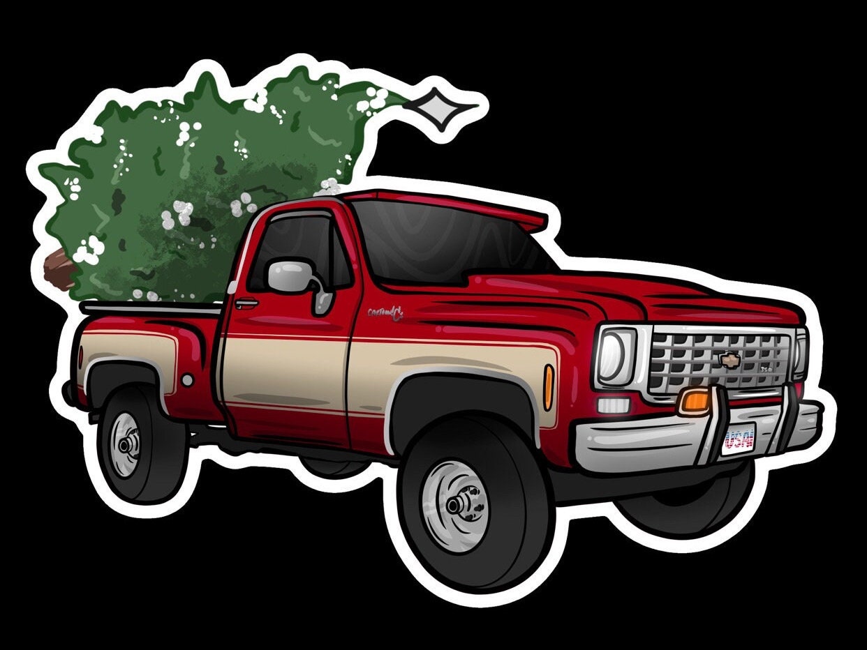 1976 Chevy K10 Sticker - Little Red Truck Hauling a Christmas Tree - Etsy