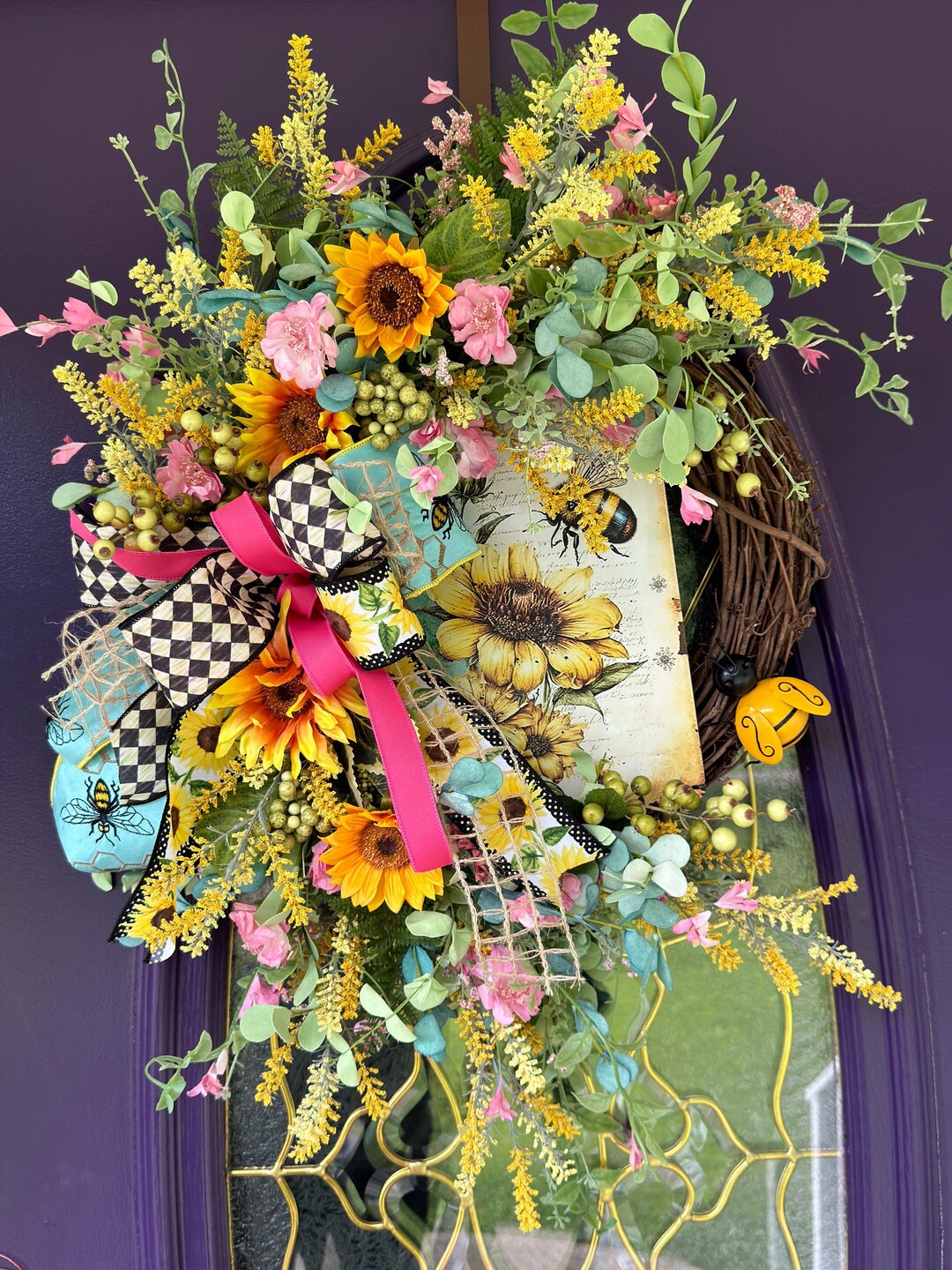 18 Inch Round Grapevine With Sunflowers & Bumblebee Wreath - Etsy