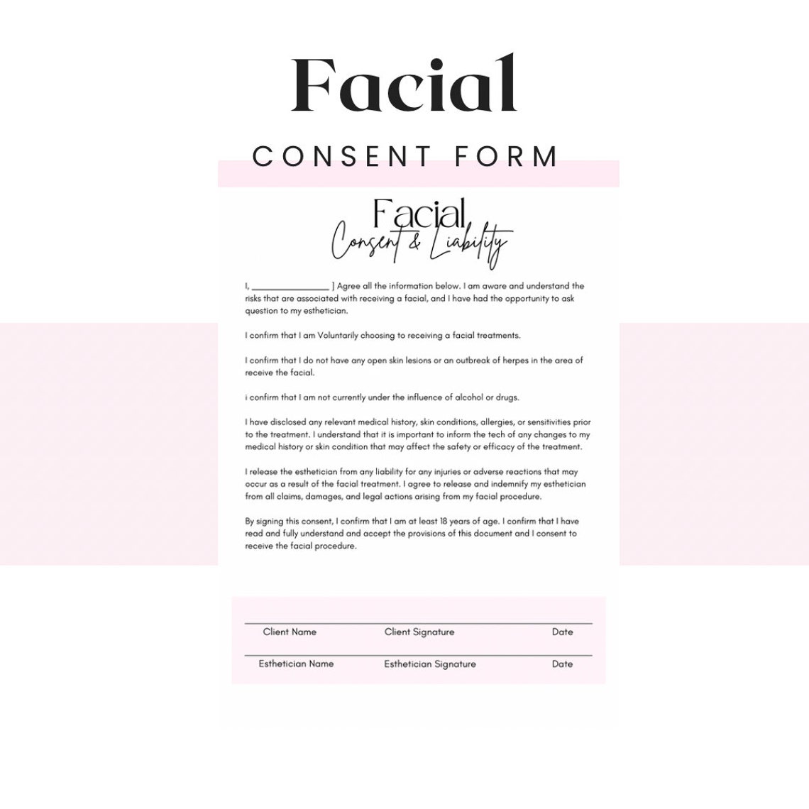 Facial Client Consent Form & Liability, Facial Treatment Intake Form, Skincare Template, Facial ...