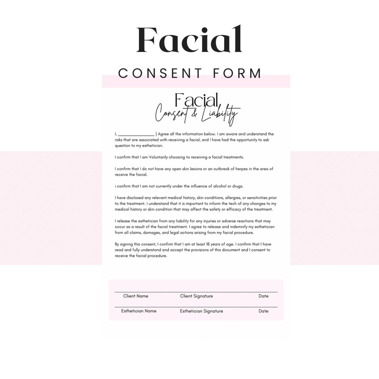 Facial Client Consent Form & Liability, Facial Treatment Intake Form ...