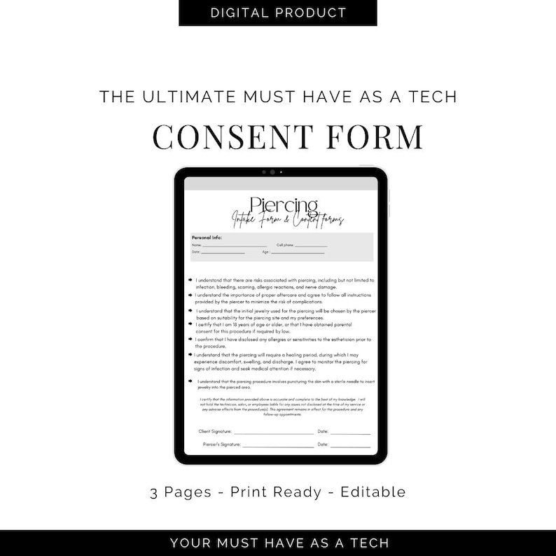 Piercing Client Intake and Consent Form, Ear Piercing Form Template ...