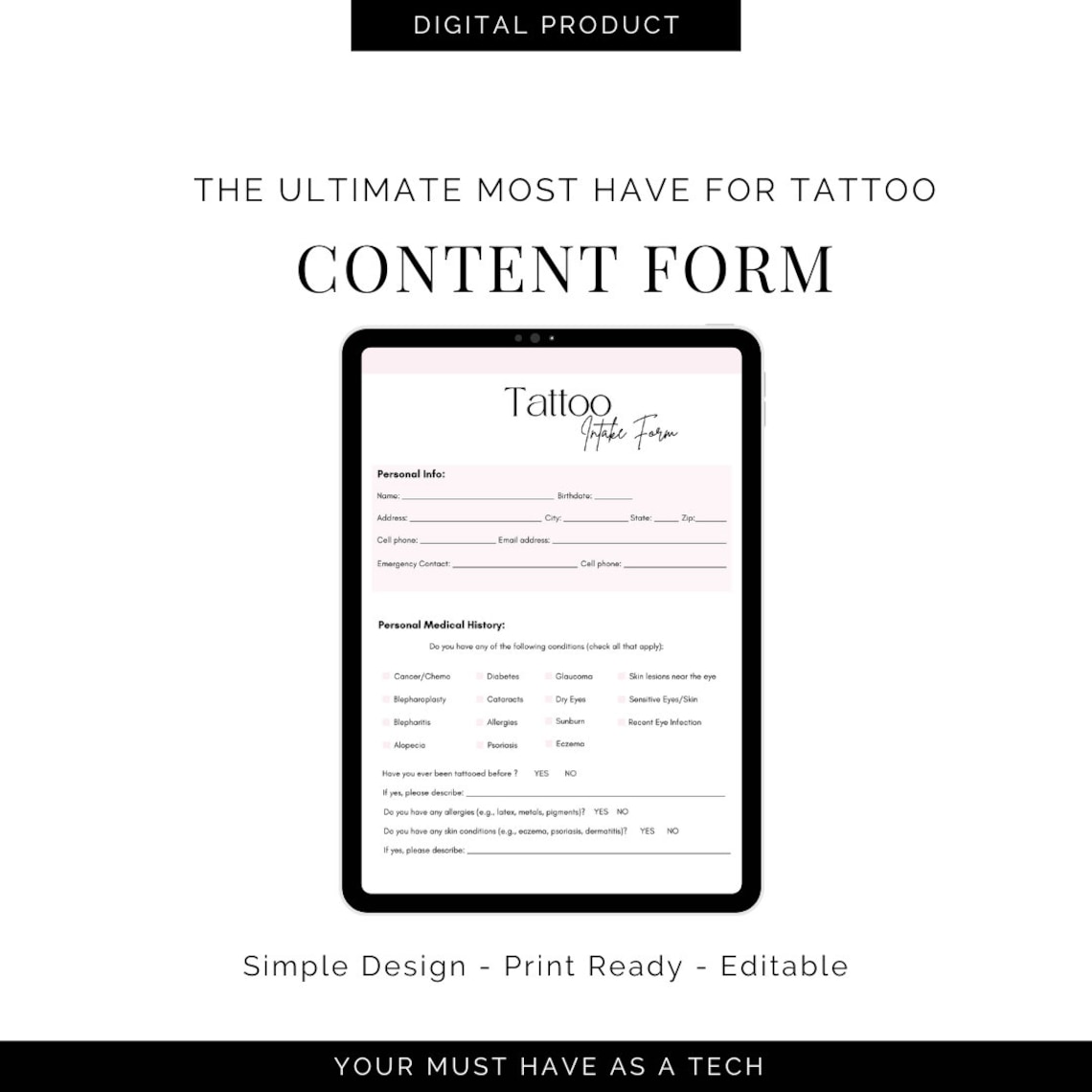 Tattoo Intake Form, Tattoo Tech Consent Form, Tattoo Artist Forms ...