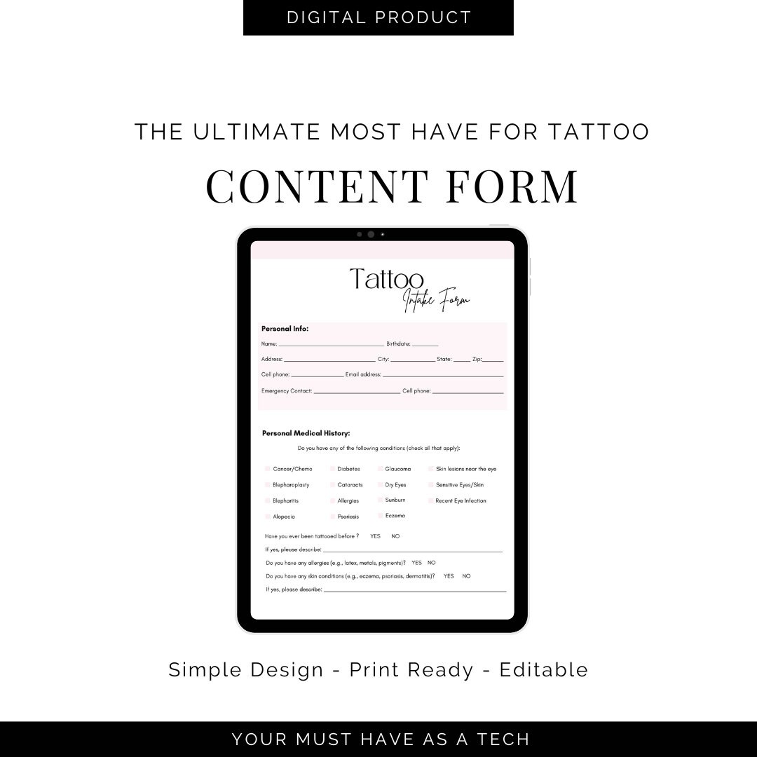 Tattoo Intake Form, Tattoo Tech Consent Form, Tattoo Artist Forms ...