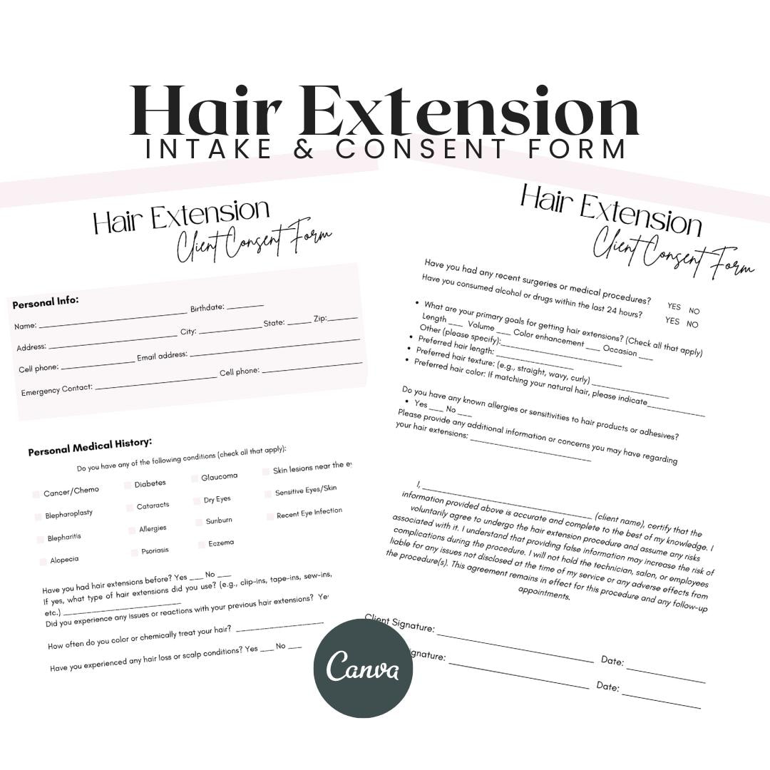 Hair Extension Forms, Editable Hair Consent Templates, Hair Extensions ...