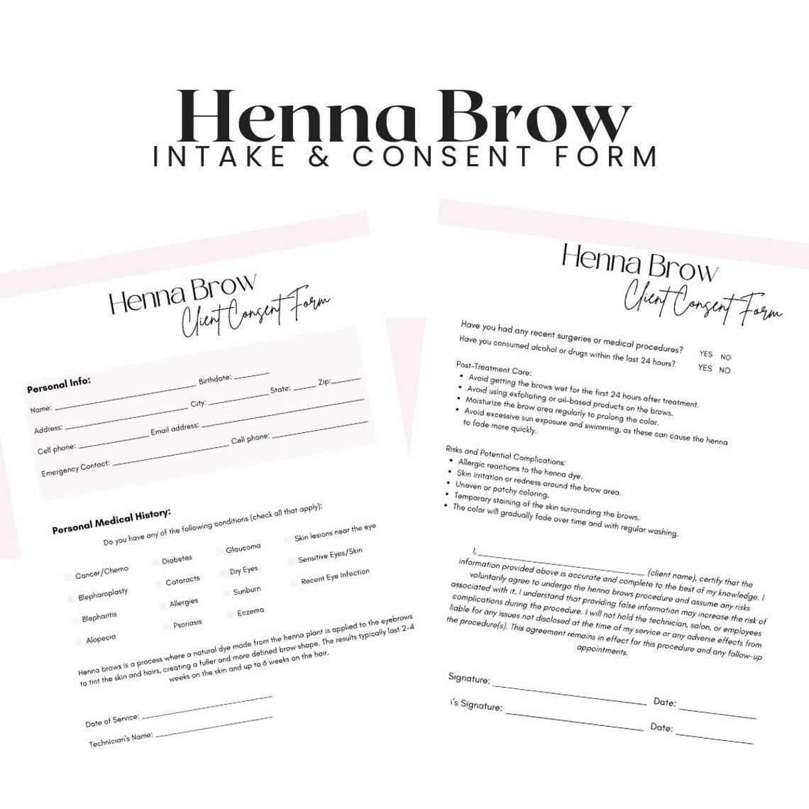 Brow Henna Consent Form, Eyebrow Tinting, Editable in Canva, Custom ...