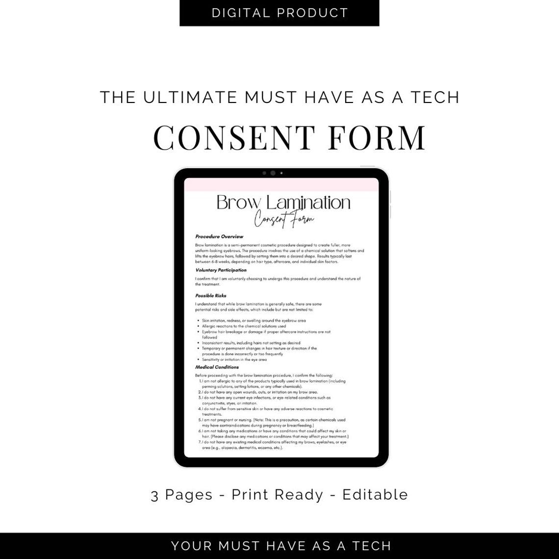Brow Lamination Consent Form, Esthetician Template, Waxing Consent Form ...