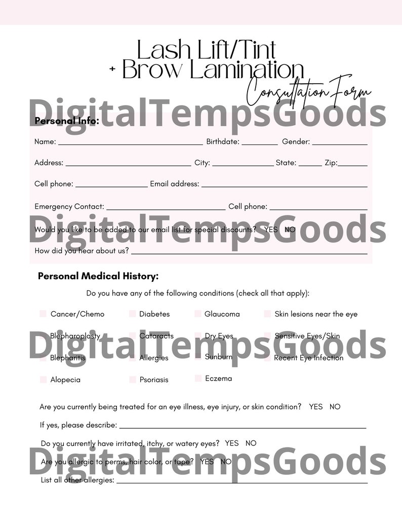 Lash Lift and Tint Client Intake and Consent Form, Lash Lift and Tint ...