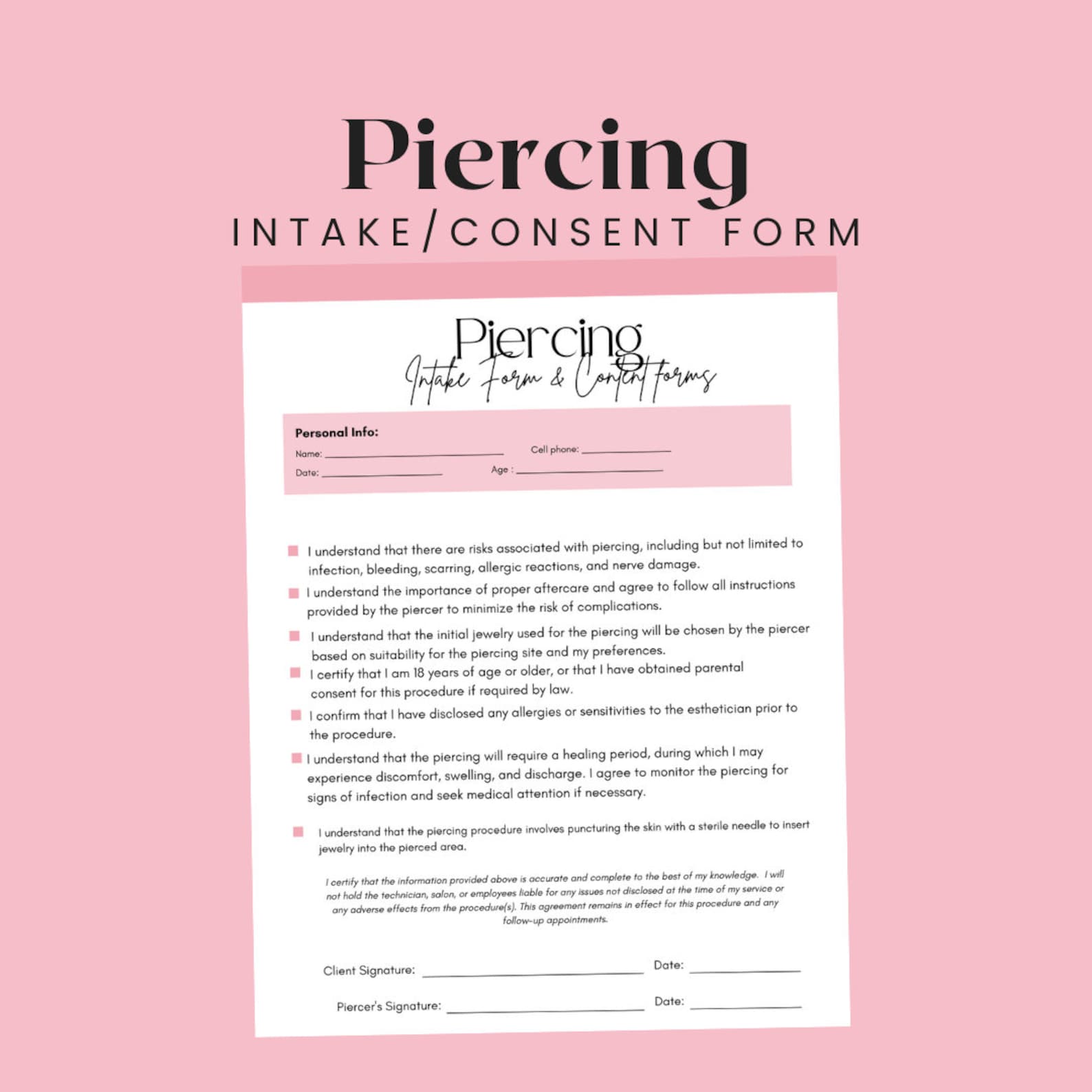 Body Piercing Consent Form, Piercing Client Intake and Consent Form ...