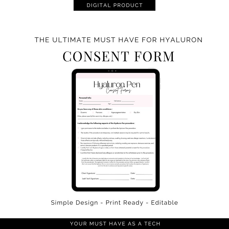 Hyaluronic Acid Pen Client Intake and Consent Form, Hyaluron Pen Filler ...