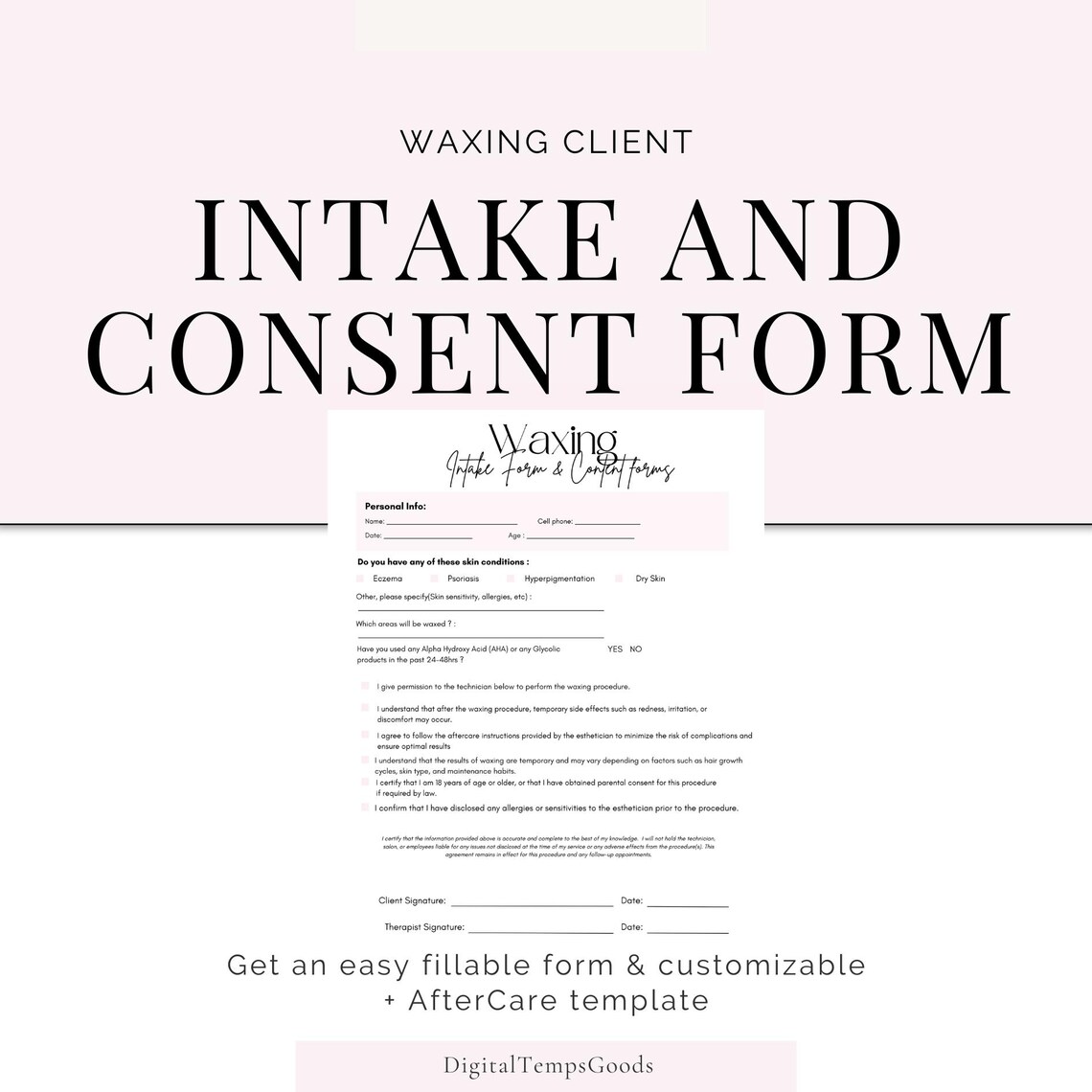 Waxing Client Intake and Consent Form, Editable Consent Forms, Consent ...