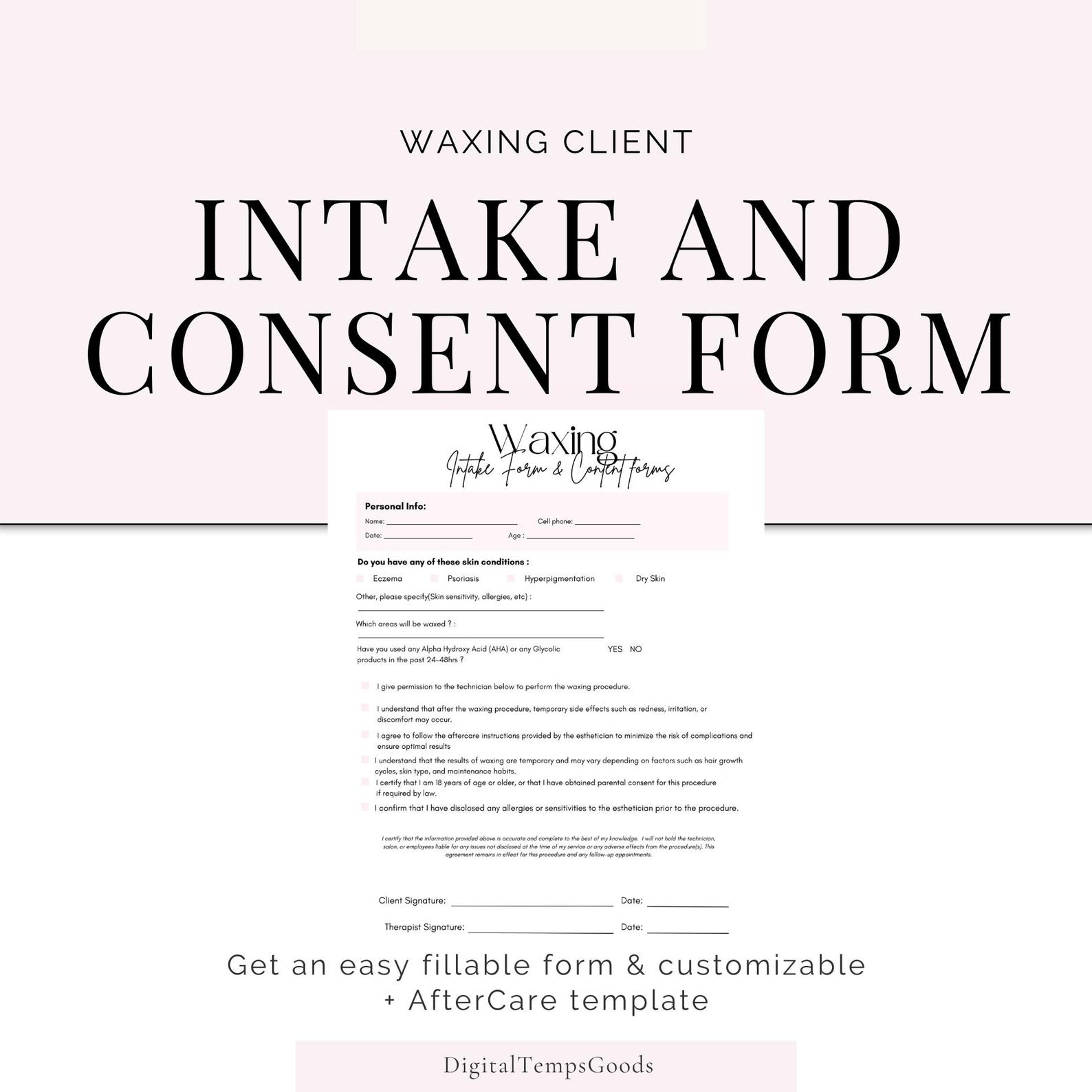 Waxing Client Intake and Consent Form, Editable Consent Forms, Consent ...