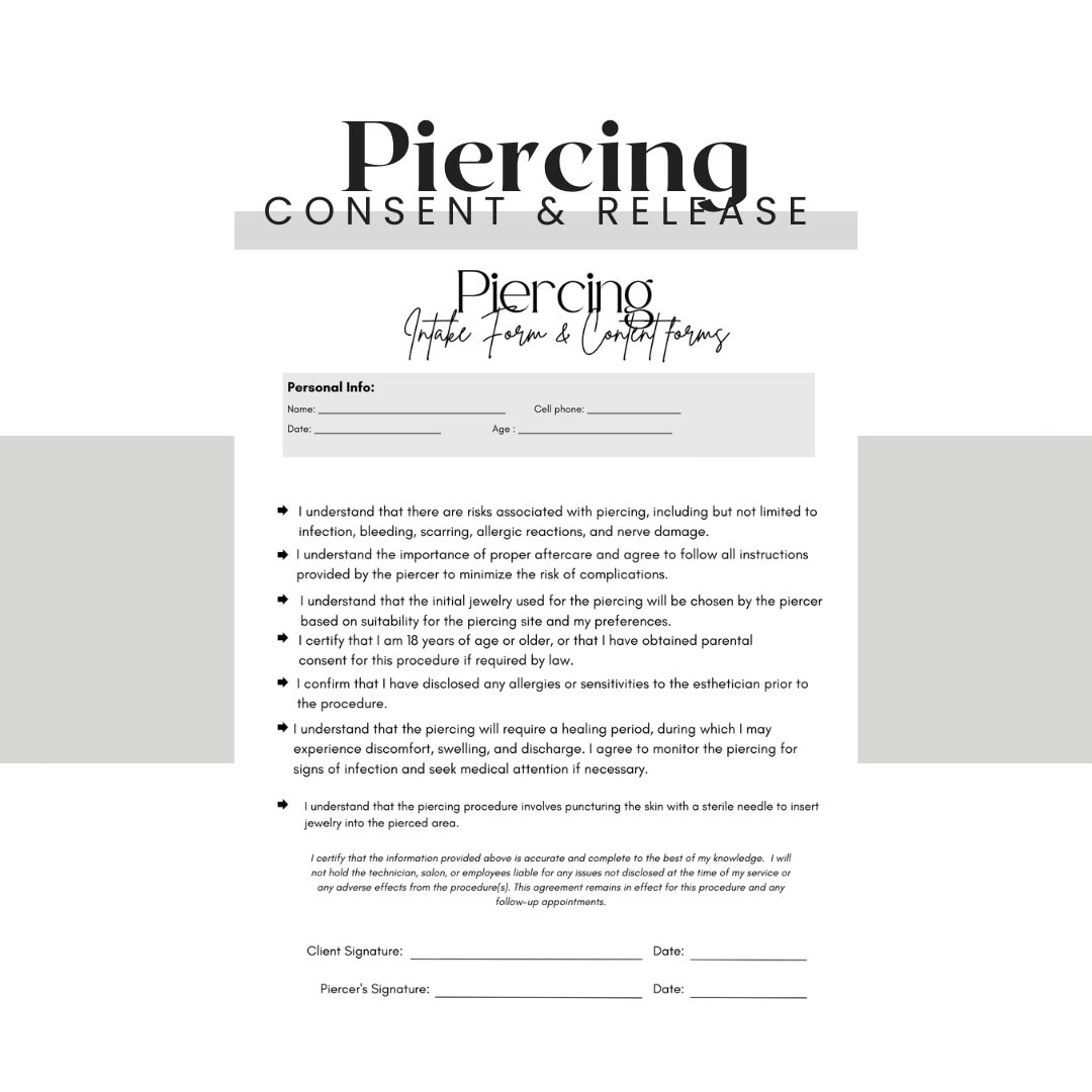 Piercing Client Intake and Consent Form, Ear Piercing Form Template ...