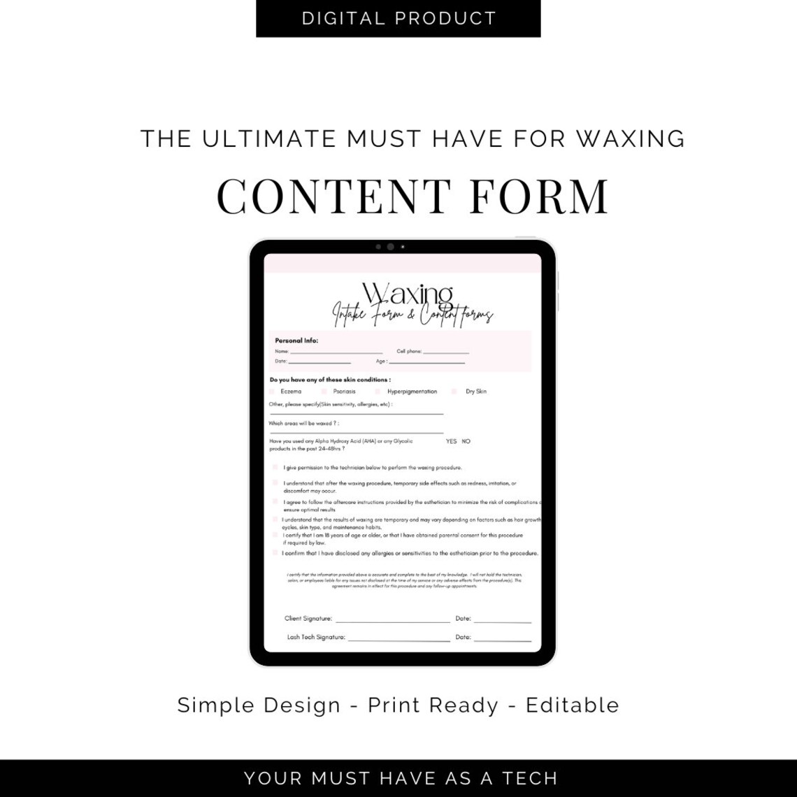 Waxing Client Intake and Consent Form, Editable Consent Forms, Consent ...