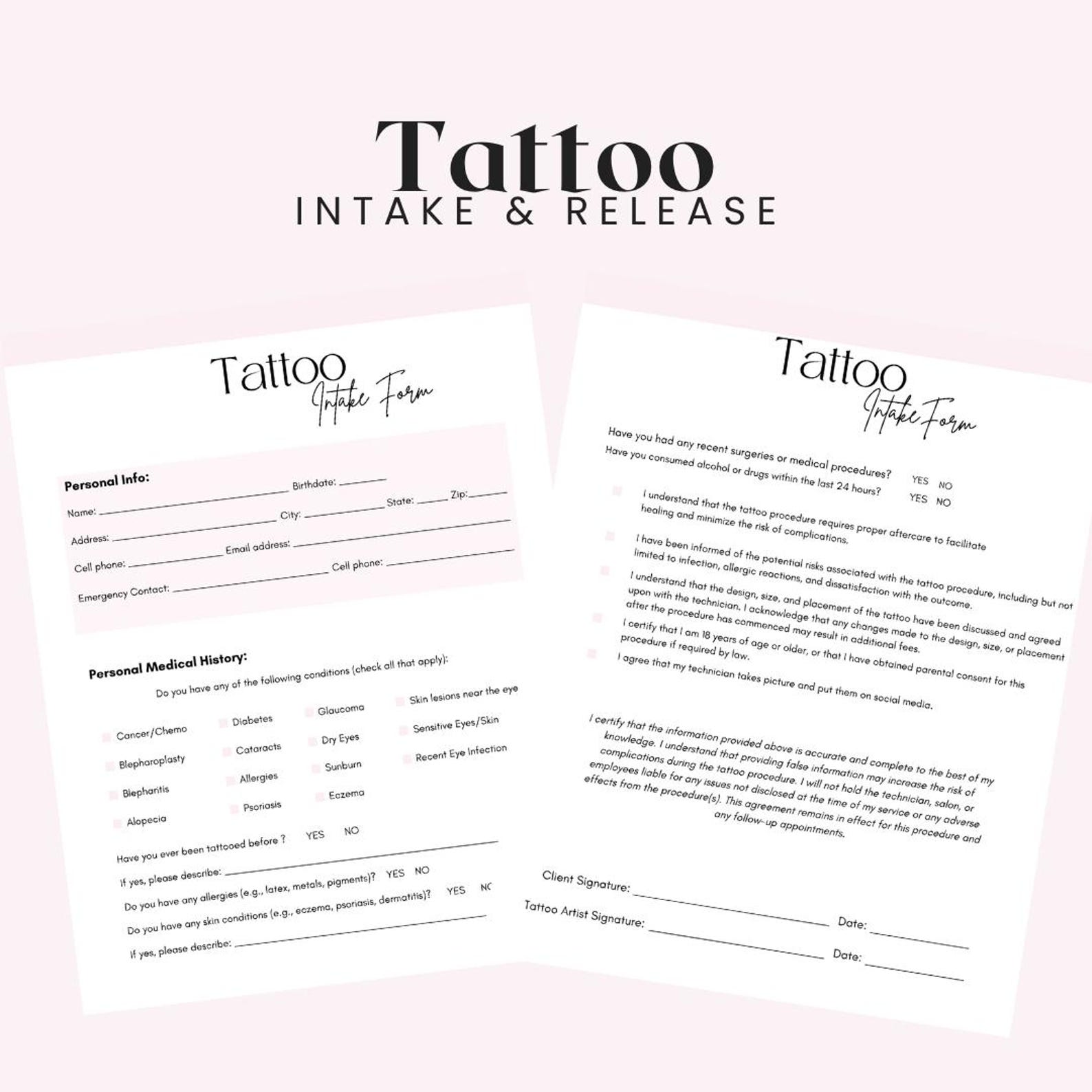 Tattoo Intake Form, Tattoo Tech Consent Form, Tattoo Artist Forms ...