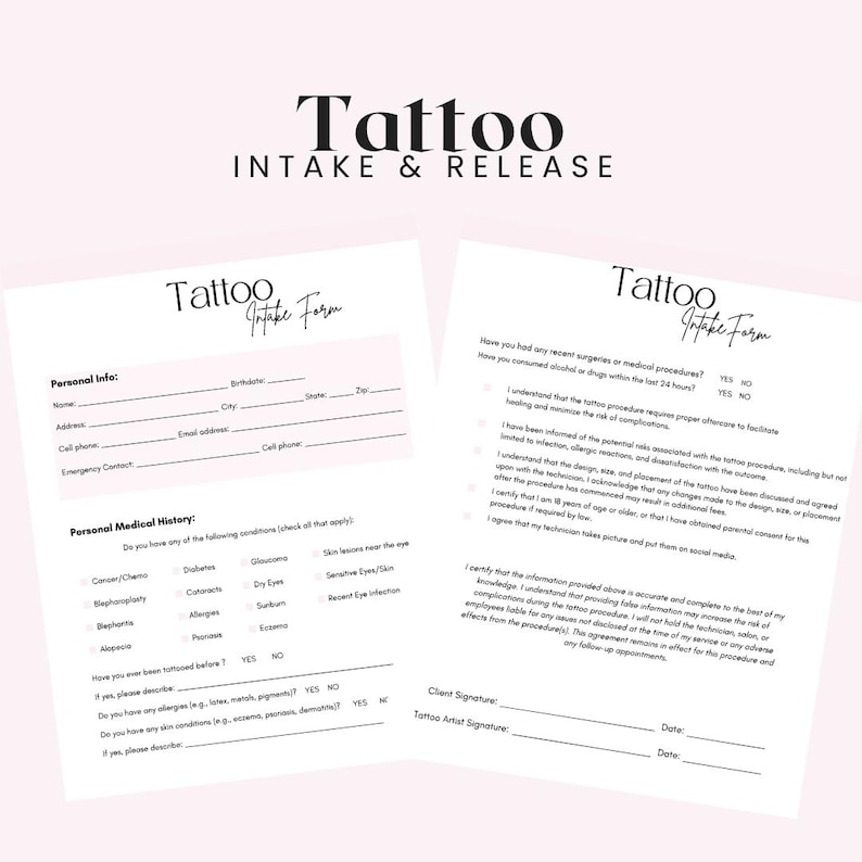 Tattoo Intake Form, Tattoo Tech Consent Form, Tattoo Artist Forms ...