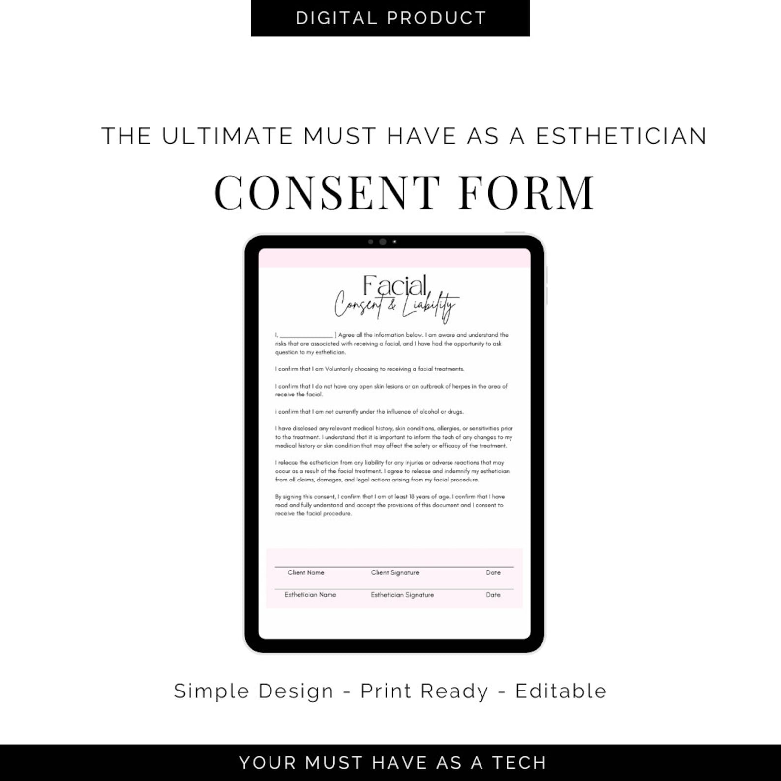Facial Client Consent Form & Liability, Facial Treatment Intake Form ...