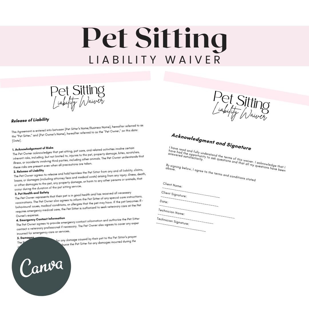 Pet Sitting Liability Waiver Contract, Release of Liability Agreement ...