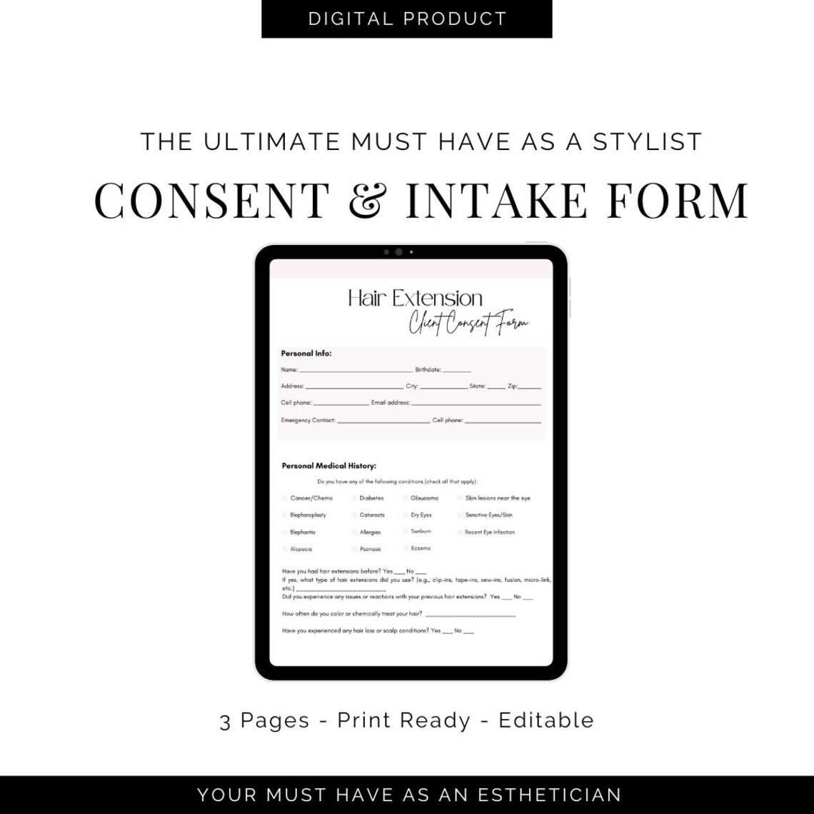 Hair Extension Forms, Editable Hair Consent Templates, Hair Extensions ...
