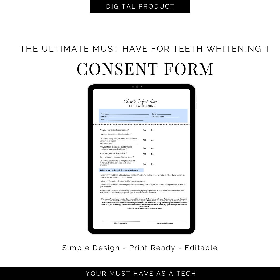 Editable Teeth Whitening Intake and Consent Form Template, Esthetician ...