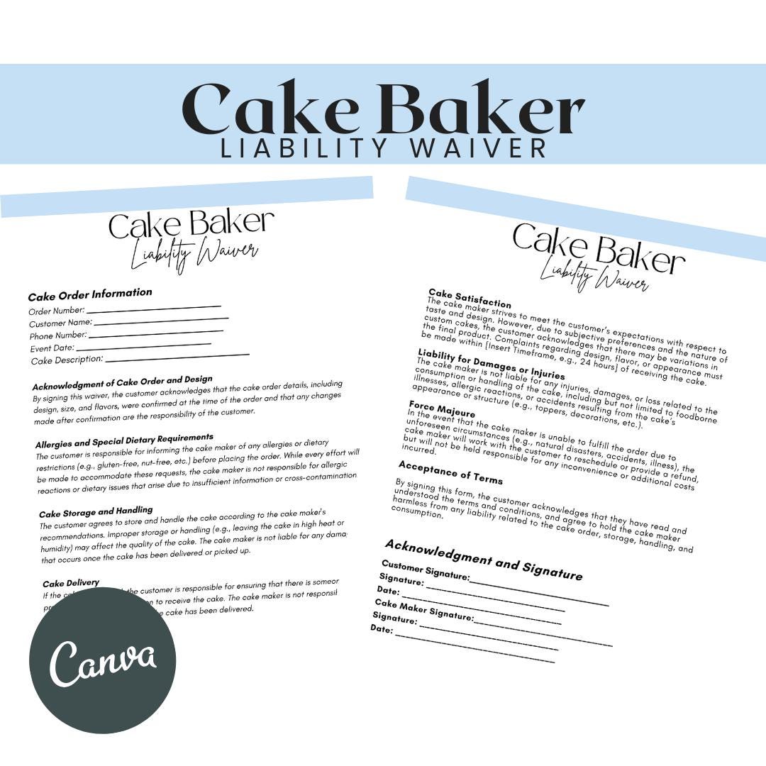 Cake Liability Waiver Form, Release of Liability Agreement, Editable ...