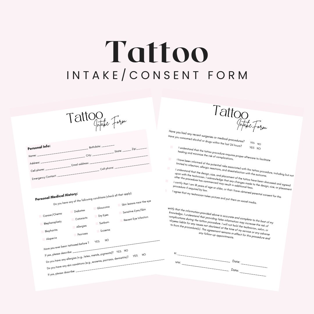 Tattoo Intake Form, Tattoo Tech Consent Form, Tattoo Artist Forms ...