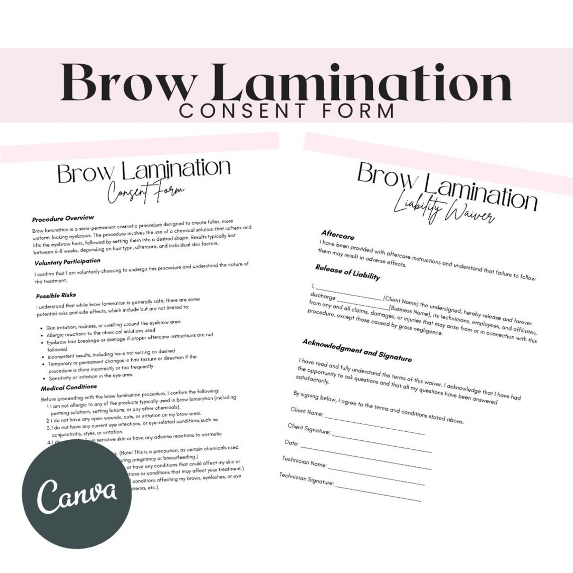 Brow Lamination Consent Form, Esthetician Template, Waxing Consent Form ...