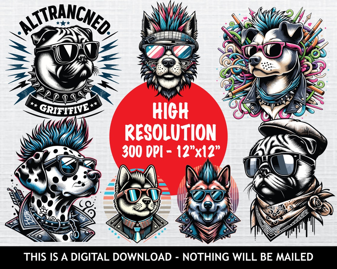 Punk Dog Clipart Bundle, Dogs With Sunglasses, Retro Dog Digital Design ...