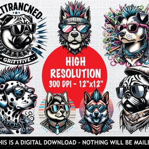 Punk Dog Clipart Bundle, Dogs With Sunglasses, Retro Dog Digital Design ...