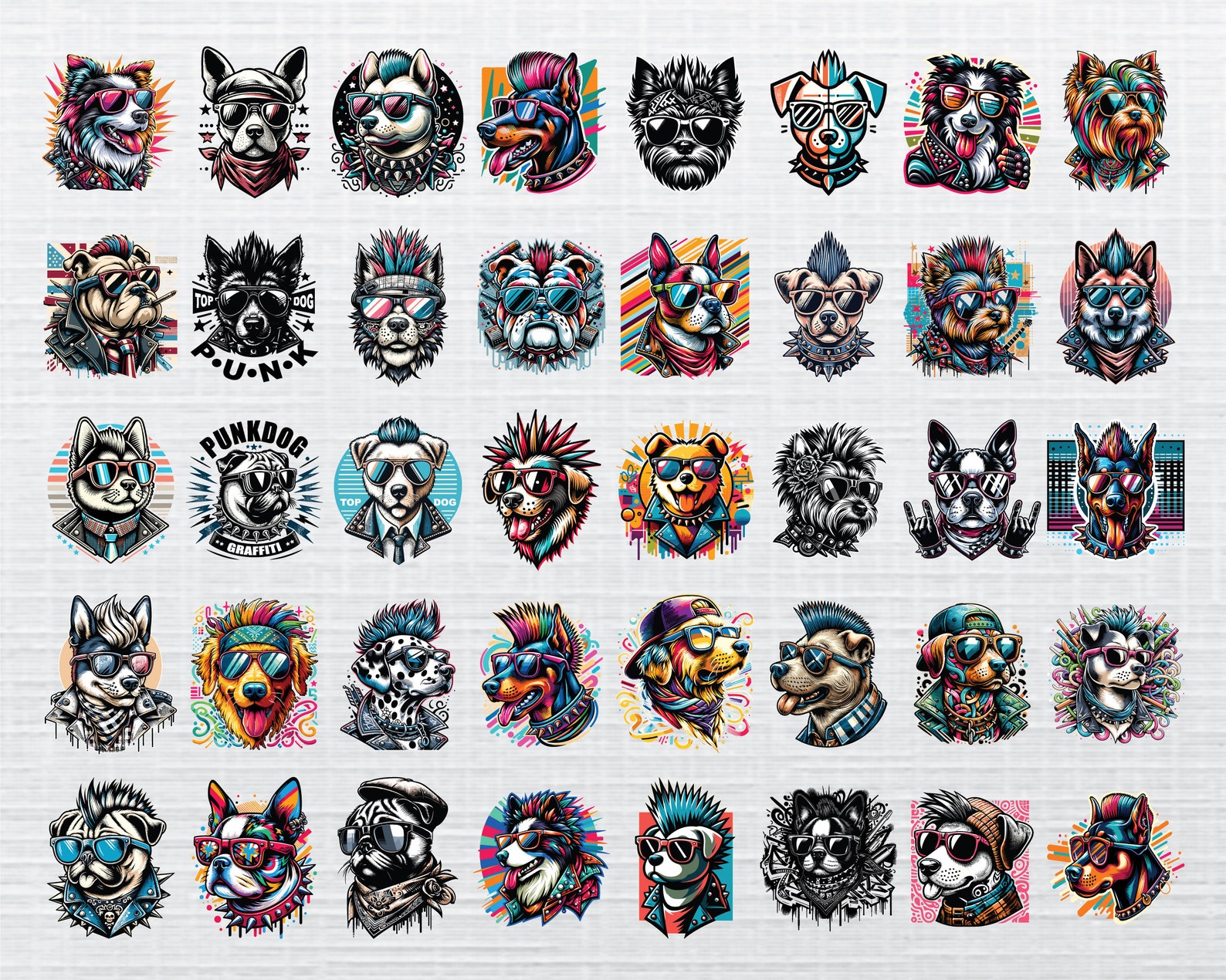 Punk Dog Clipart Bundle, Dogs With Sunglasses, Retro Dog Digital Design ...