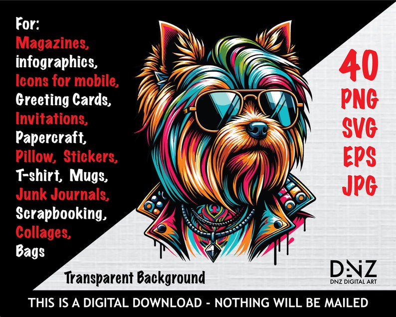 Punk Dog Clipart Bundle, Dogs With Sunglasses, Retro Dog Digital Design ...