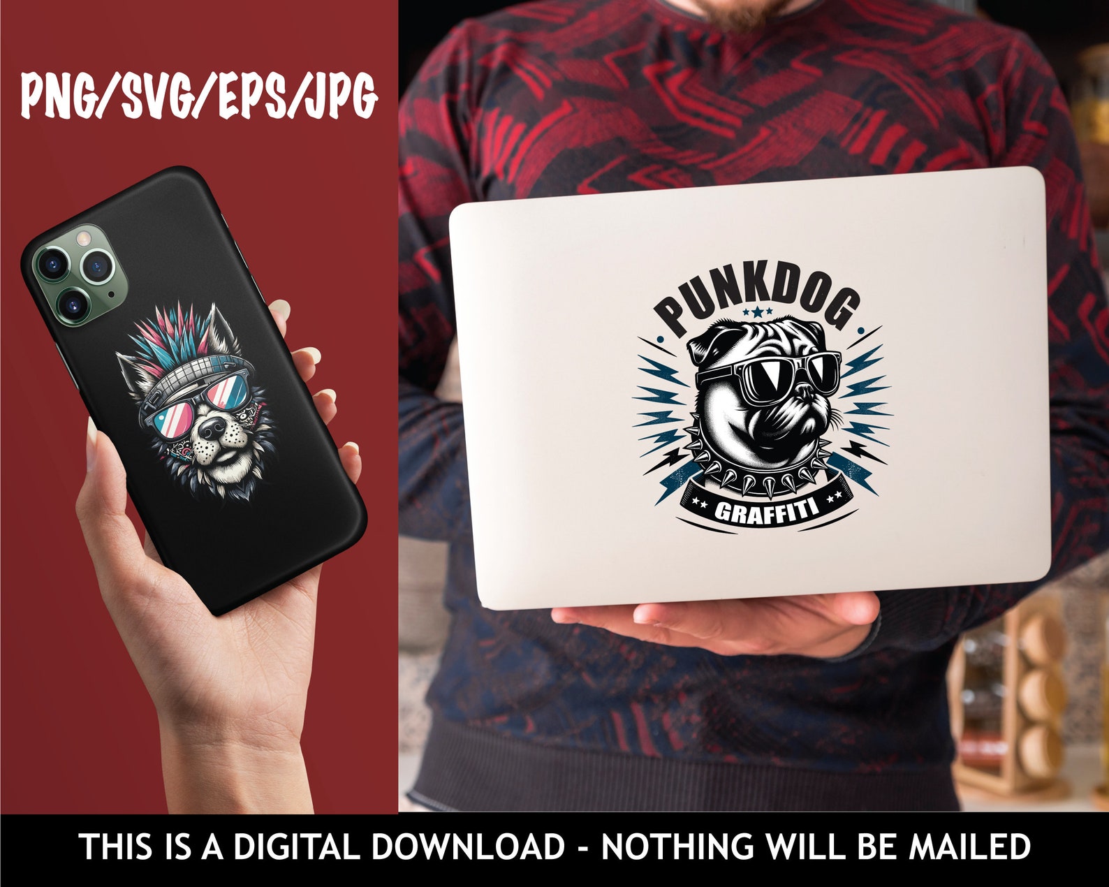 Punk Dog Clipart Bundle, Dogs With Sunglasses, Retro Dog Digital Design ...