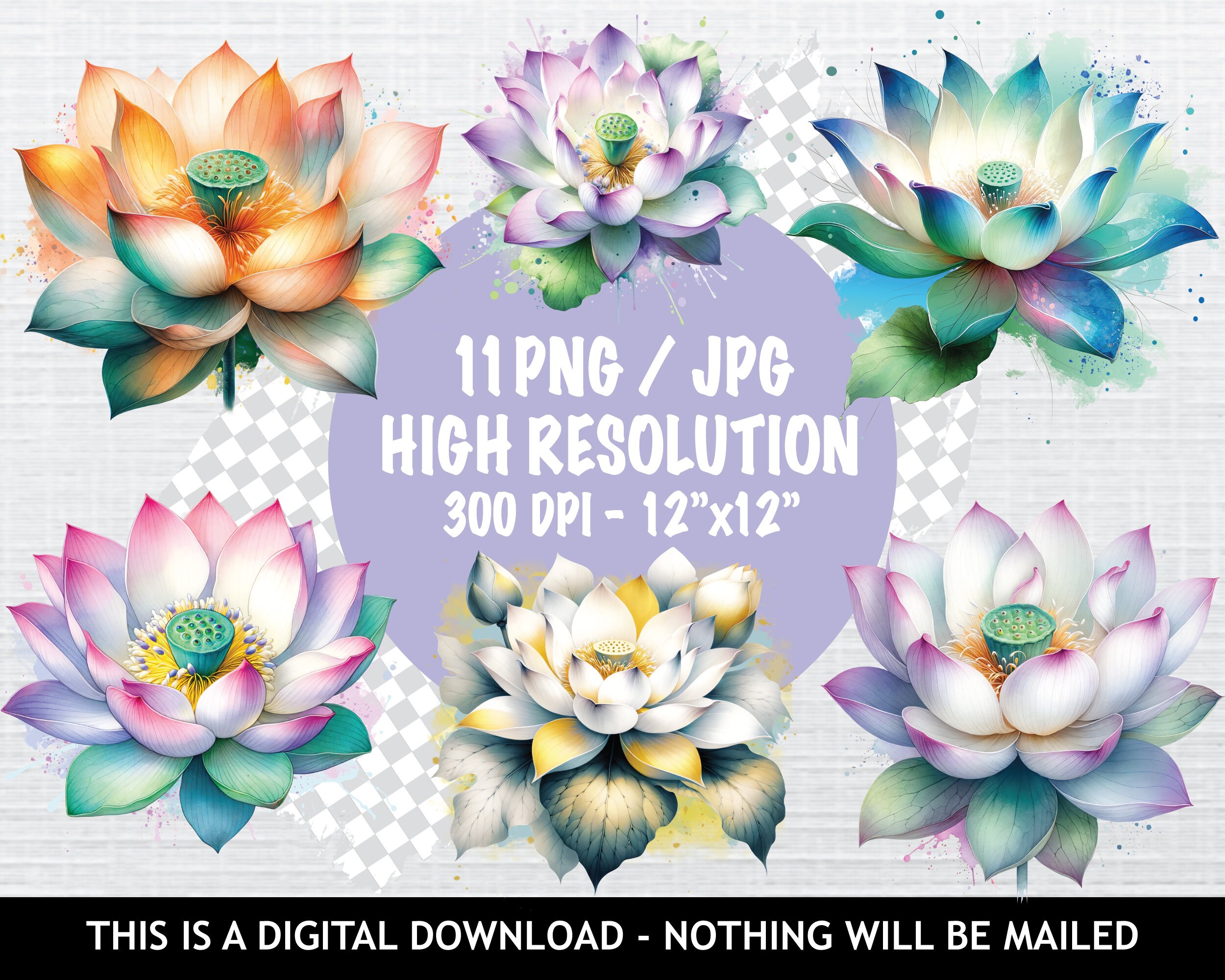 11 Watercolor Lotus Flower Clipart Bundle, Lotus Flower PNG-JPG, Floral ...
