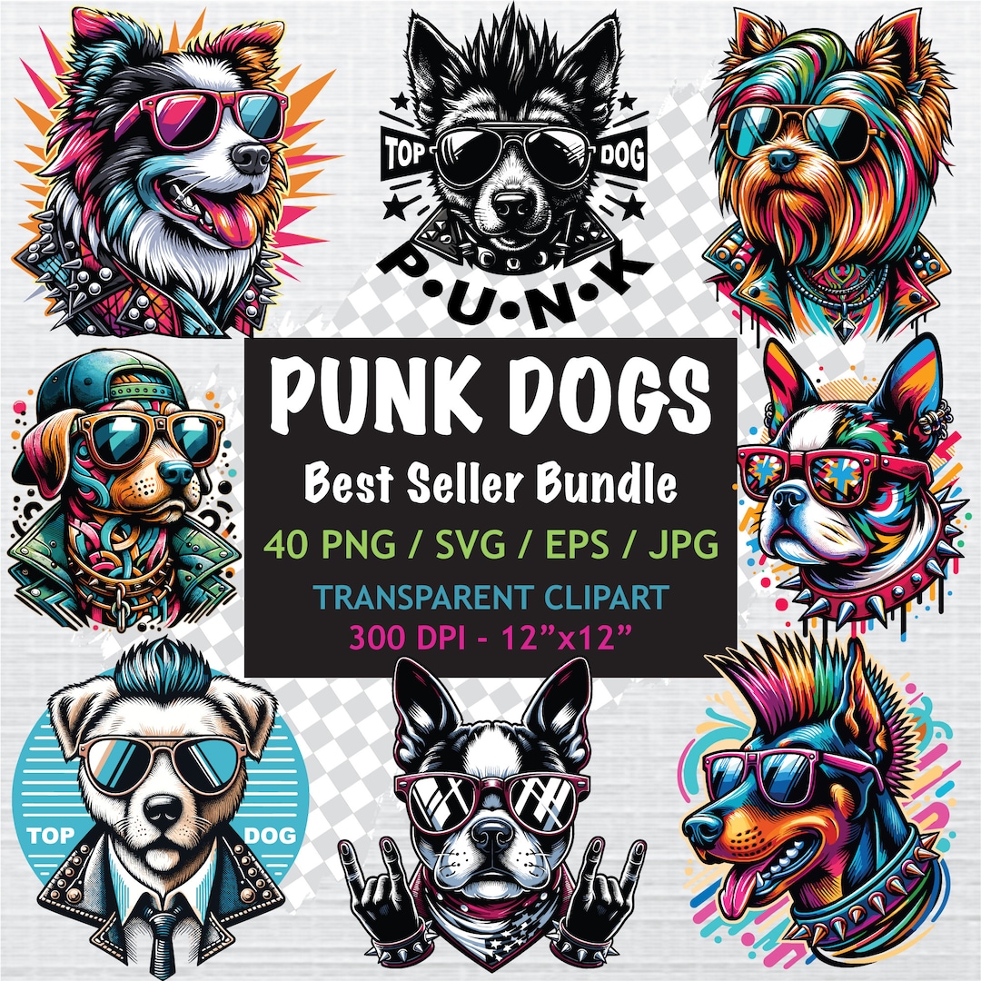 Punk Dog Clipart Bundle, Dogs With Sunglasses, Retro Dog Digital Design ...