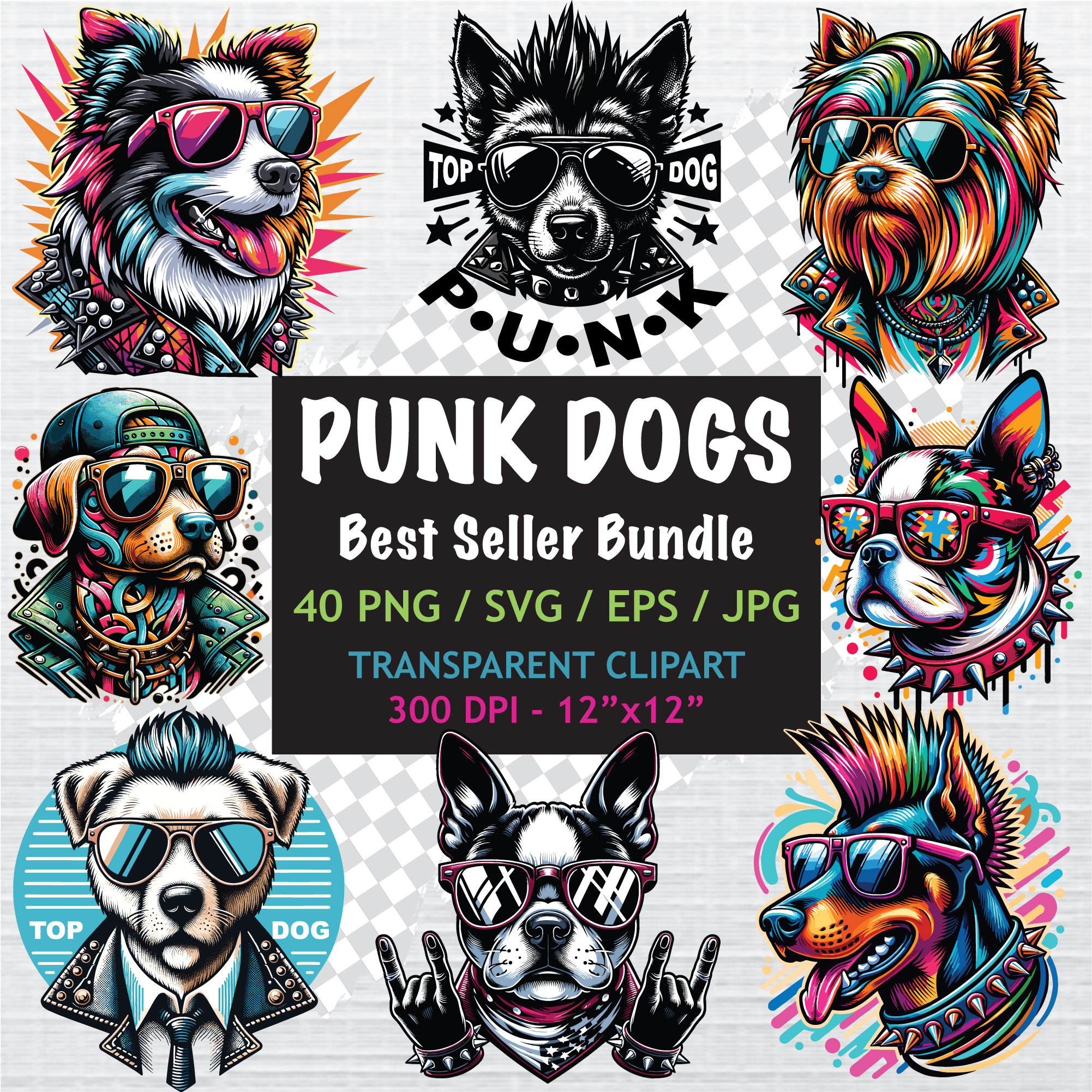 Punk Dog Clipart Bundle, Dogs With Sunglasses, Retro Dog Digital Design ...