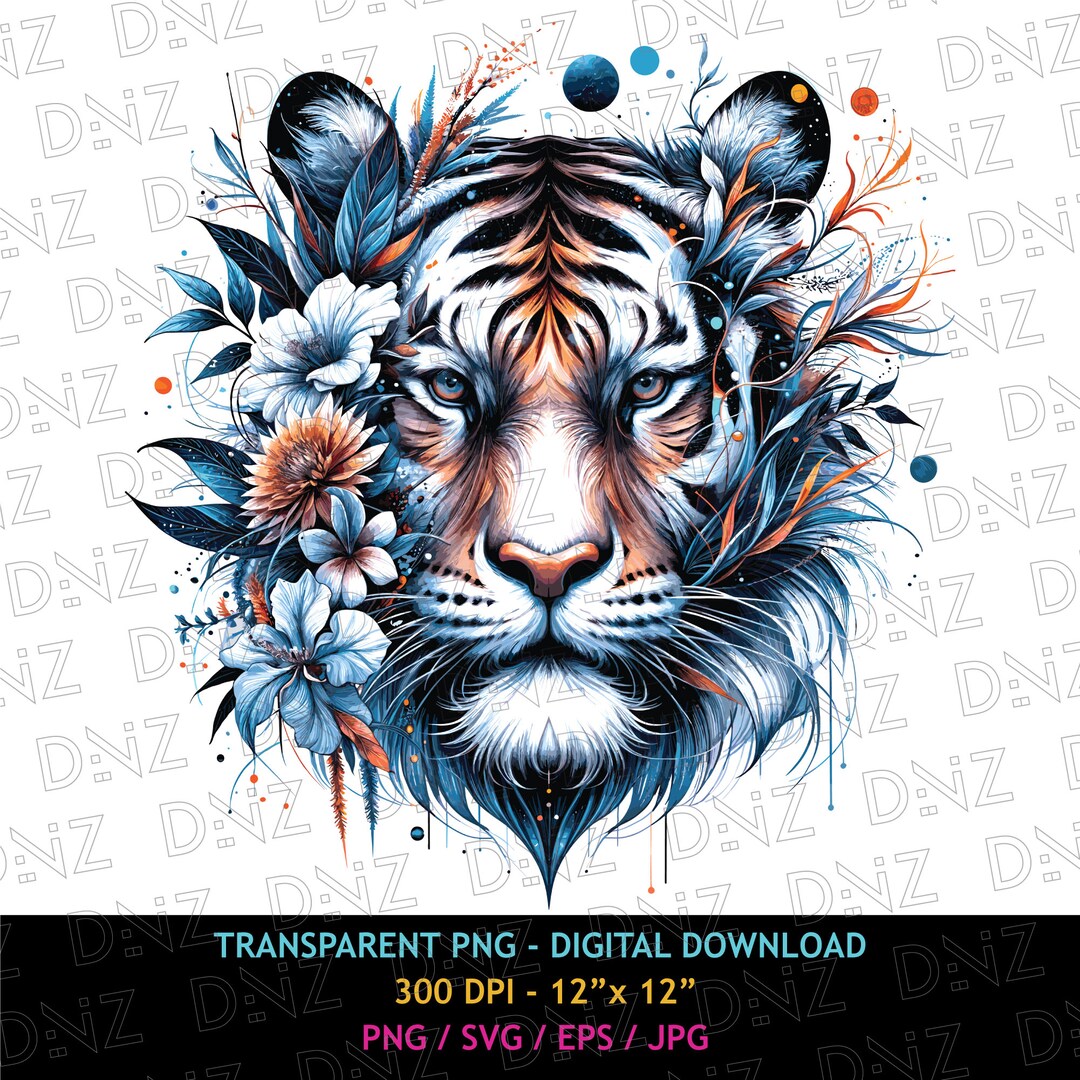 Mysterious Tiger Png, Tiger With Flowers Svg, Watercolor Style, Tiger T ...