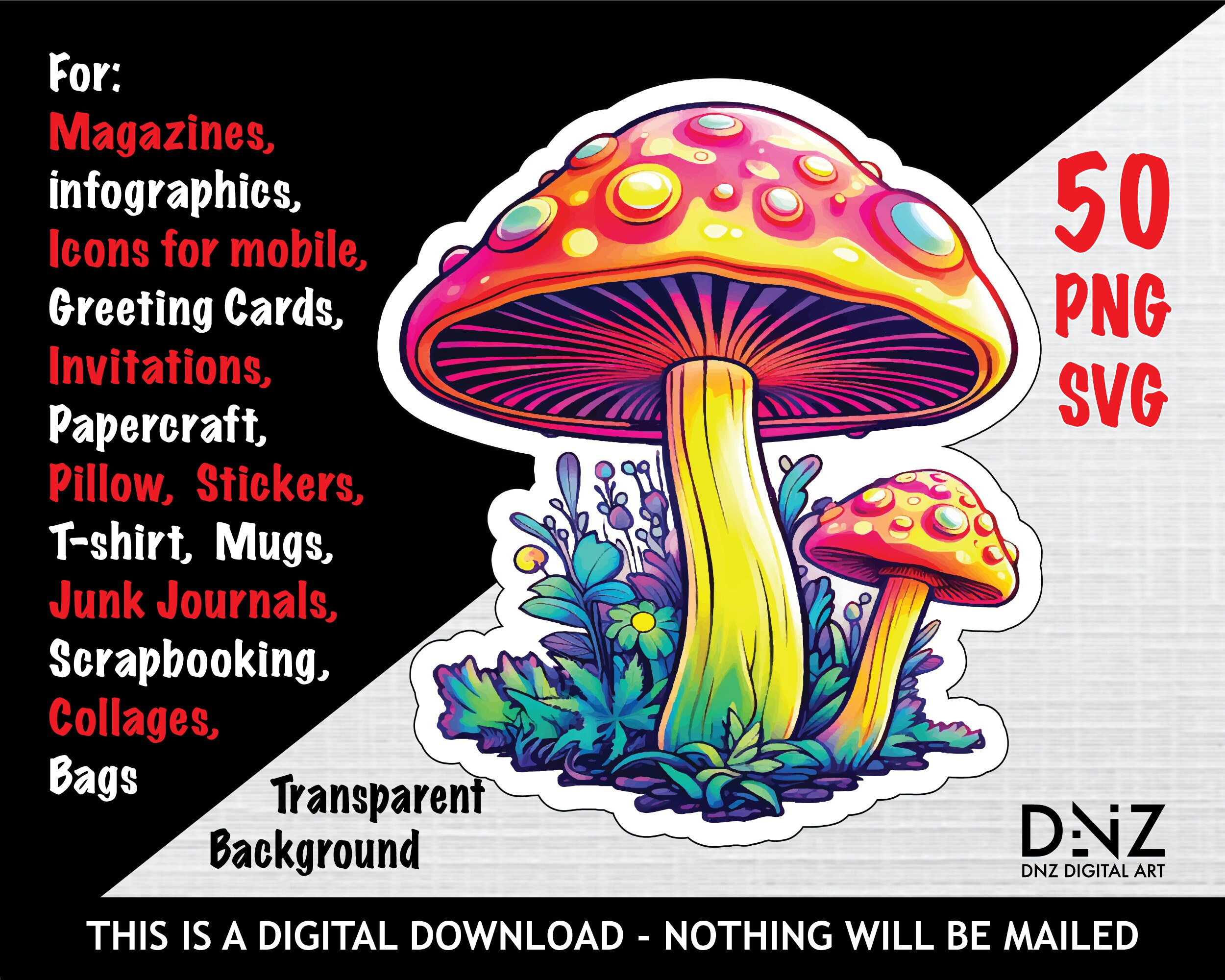50 PNG and SVG Mushrooms Print Bundle, Magic Mushroom Sticker, Mushroom ...