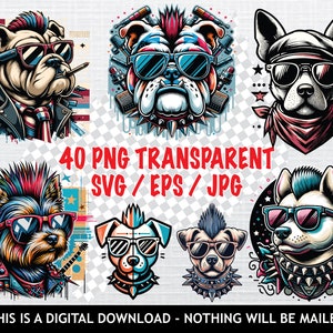 Punk Dog Clipart Bundle, Dogs With Sunglasses, Retro Dog Digital Design ...