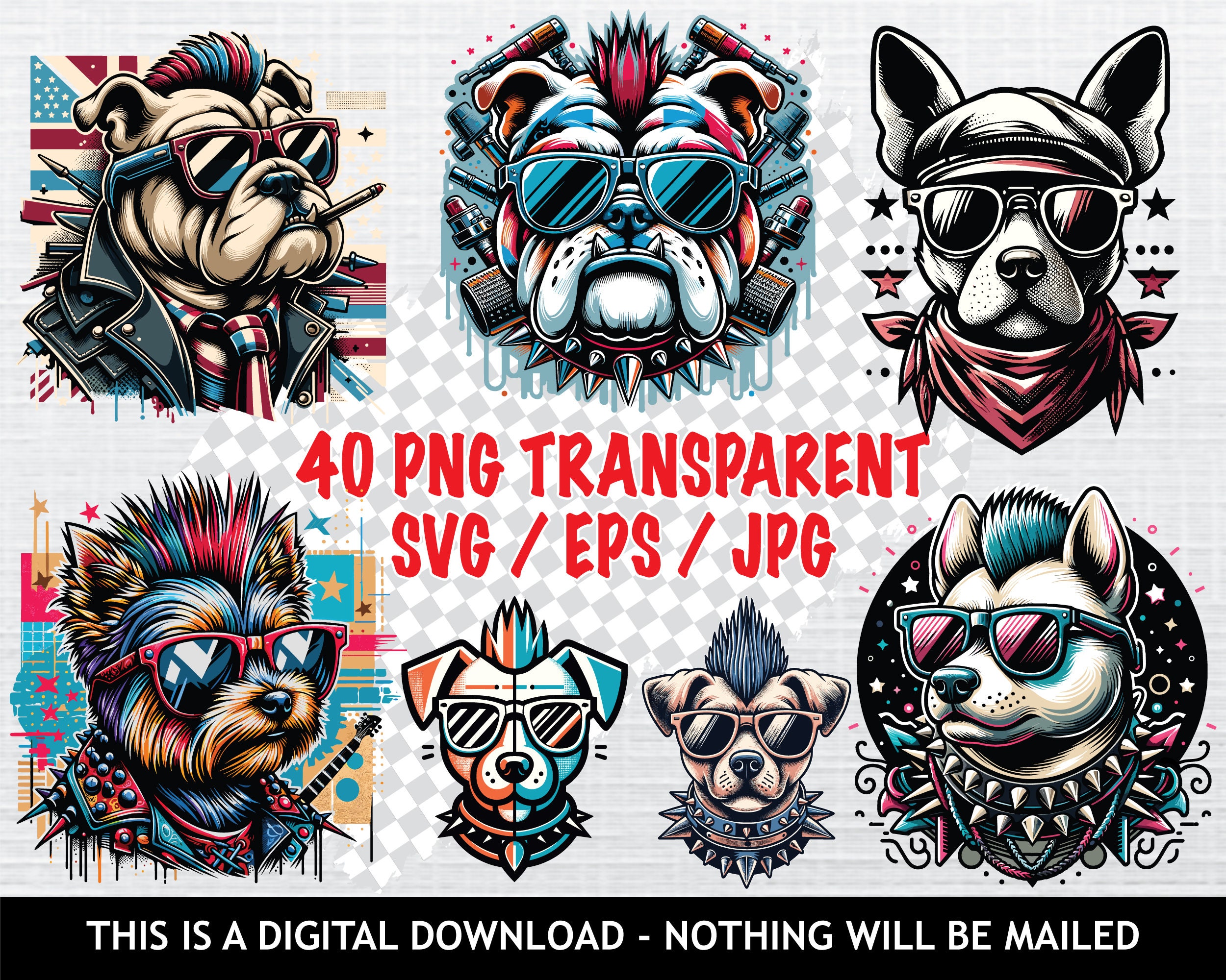 Punk Dog Clipart Bundle, Dogs With Sunglasses, Retro Dog Digital Design ...