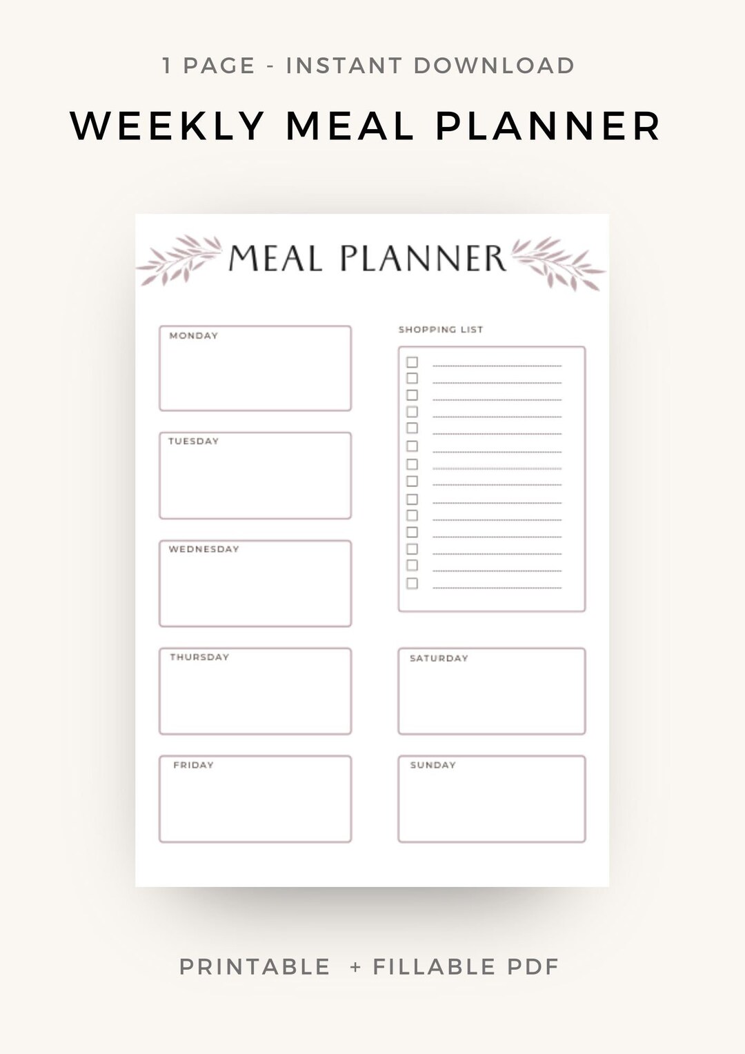 Weekly Meal Planner, Printable, With Grocery List, 7 Day Menu Plan ...