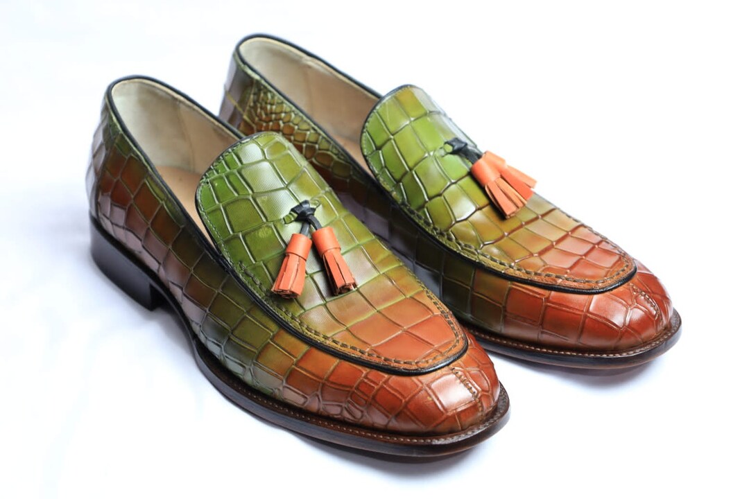 Handmade Men Two Tone Genuine Leather Shoes Crocodile Print - Etsy