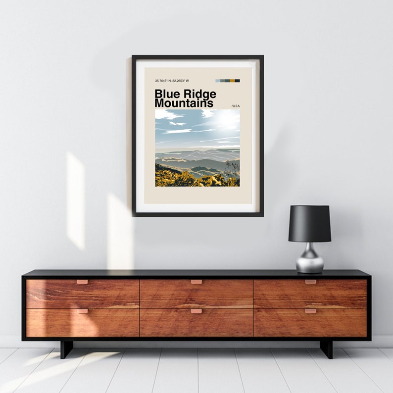 Blue Ridge Poster, Minimalist, Helvetica, Mid-century Modern, Blue ...