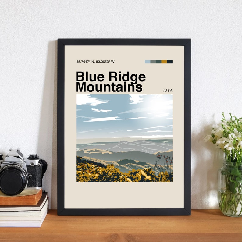 Blue Ridge Poster, Minimalist, Helvetica, Mid-century Modern, Blue ...