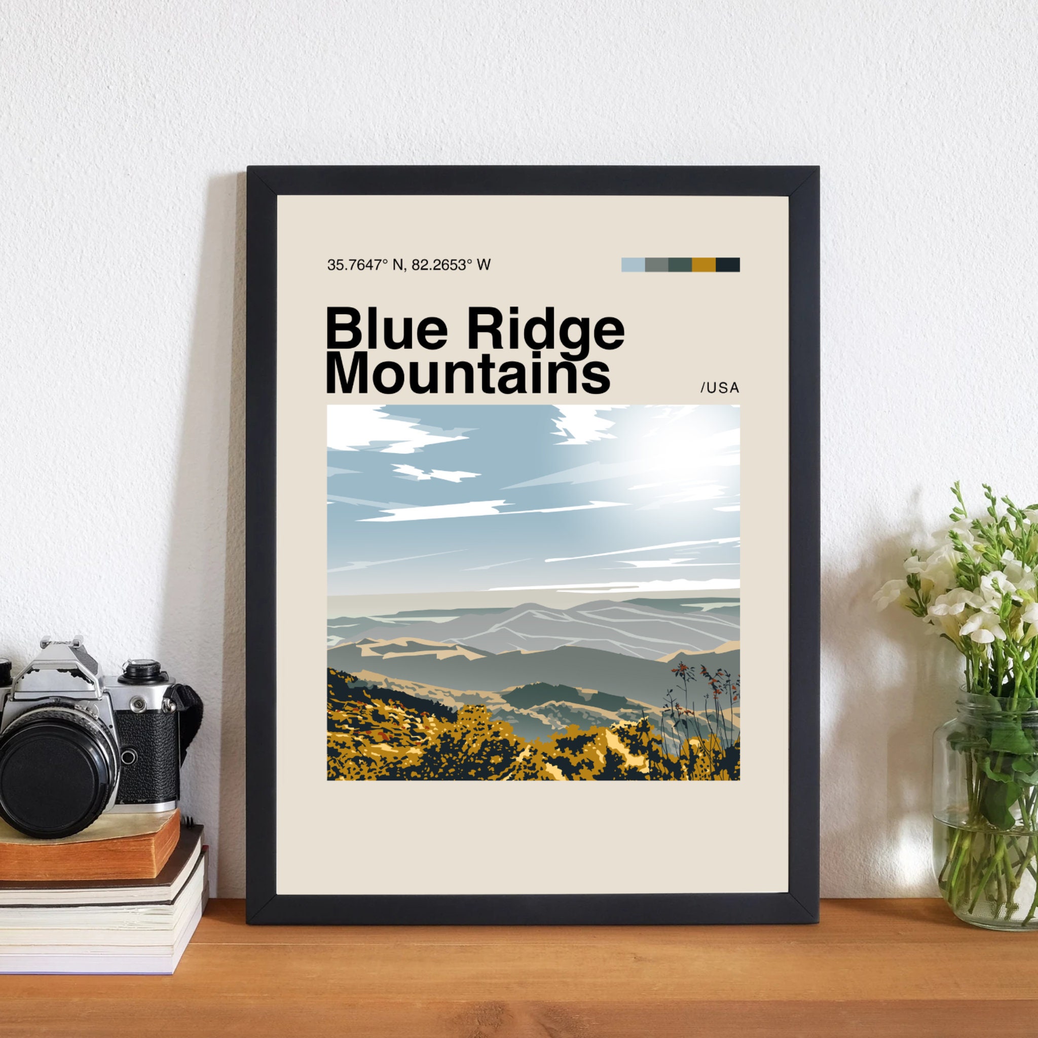 Blue Ridge Poster, Minimalist, Helvetica, Mid-century Modern, Blue ...