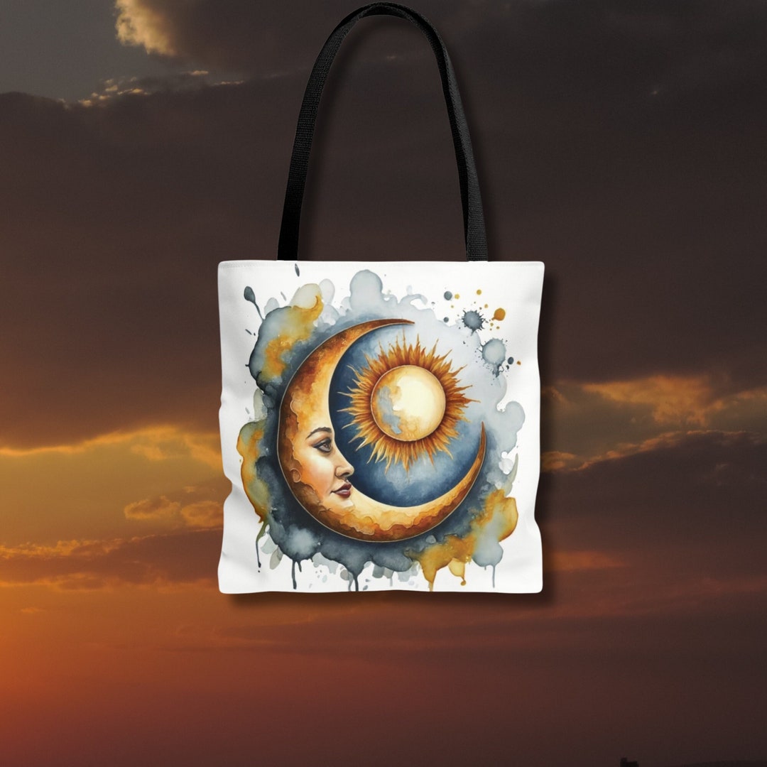Moon Solar Eclipse Solar Lunar Tote Bag, Celestian Boho Watercolor Sun ...