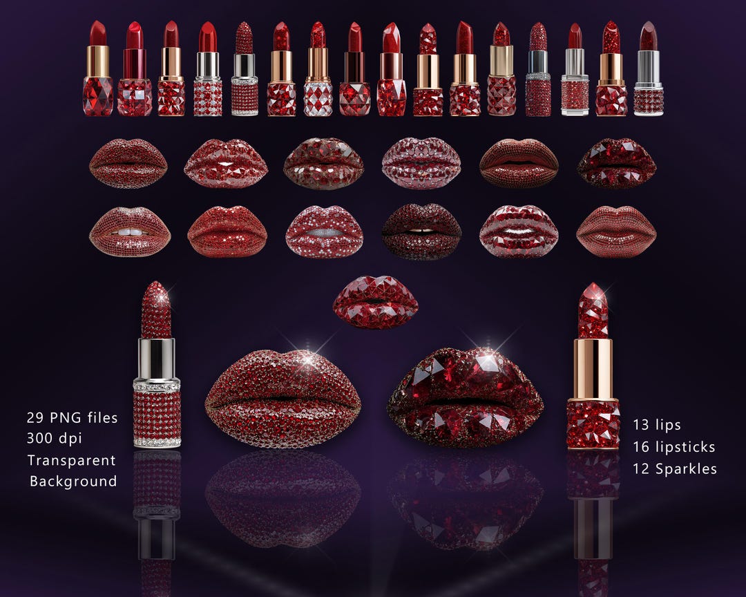 Red Diamond Lips and Lipstick Clipart: Lips PNG, Glitter Kiss, Glam ...