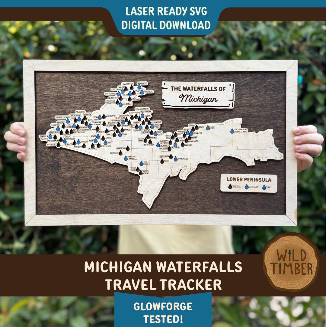 Michigan Waterfalls Travel Tracker Map SVG File: Upper Peninsula ...