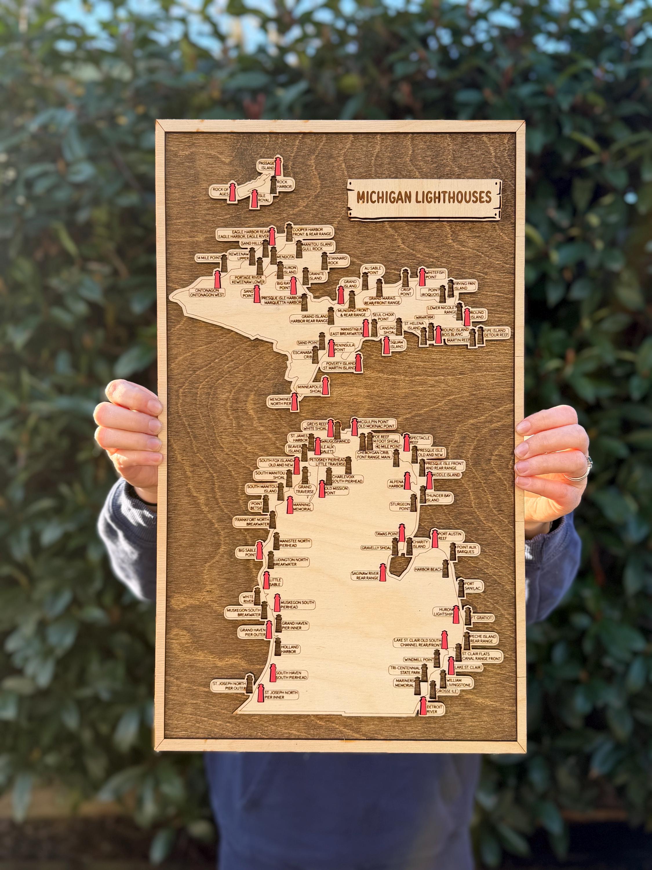 Handmade Michigan Lighthouses Travel Map : Bucket List Travel Tracker ...